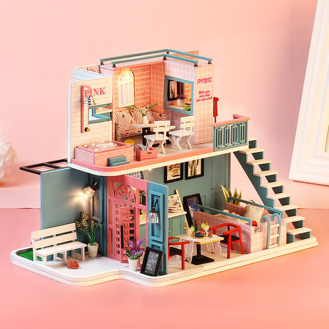 DIY House Handmade Destroy Villa toy Wood House Micro Fan Fan Cafe with ...