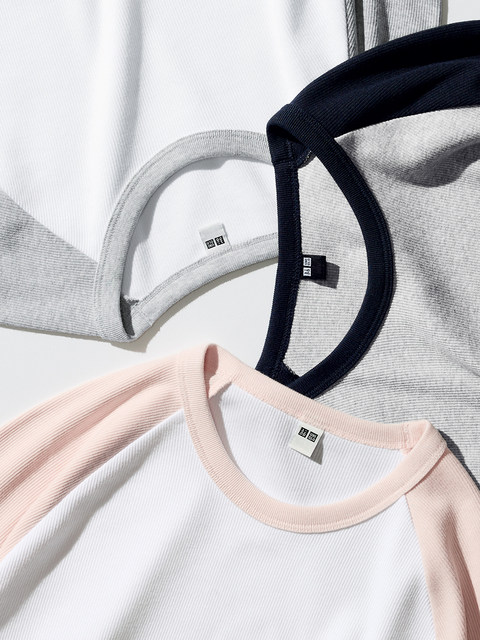 Uniqlo Women's Soft Ribbed Contrast Color Round Neck T-Shirt Raglan ...