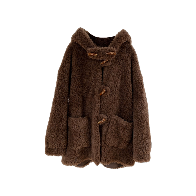 Teddy horns 2024 new lamb fur one-piece age-reducing hooded mid-length ...