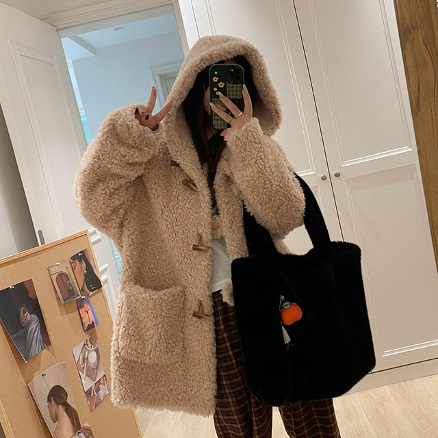 Teddy horns 2024 new lamb fur one-piece age-reducing hooded mid-length ...