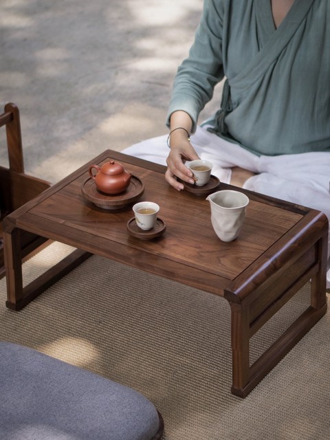 New Chinese style solid wood bay window tea table kang table black ...