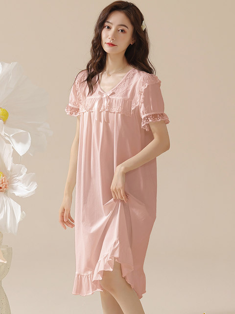Cool lycra cotton nightgown for women summer short-sleeved pure cotton ...