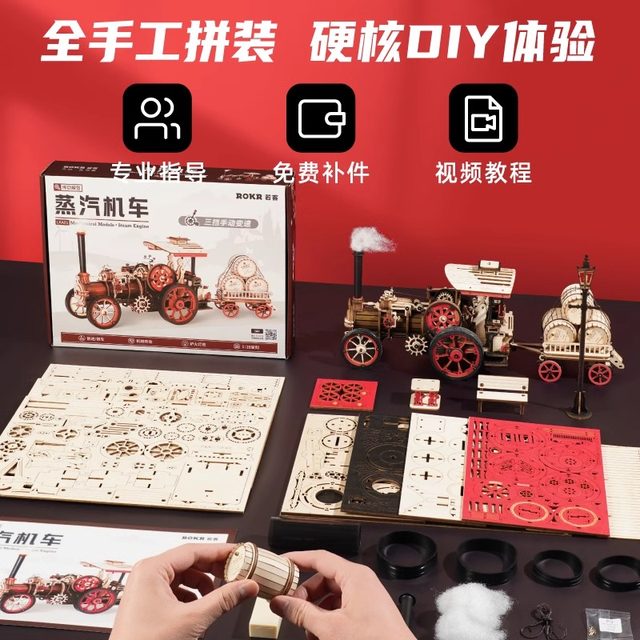 ROKR steam locomotive car model assembled adult difficult handmade ...