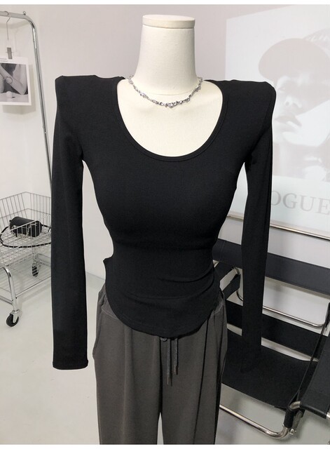 Paperman level shoulder pads U-neck arc hem long-sleeved T-shirt slim ...
