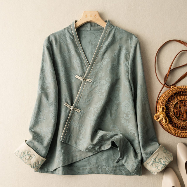 Slanted placket button cotton linen top Chinese style retro tea jacket ...