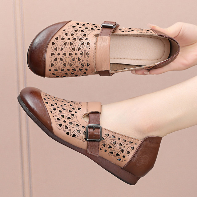 hollow single shoes for women flat sole 2024 summer new genuine leather ...