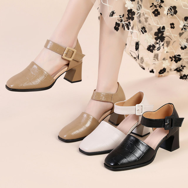 Genuine leather toe-cap sandals 2024 summer versatile hollow soft sole ...