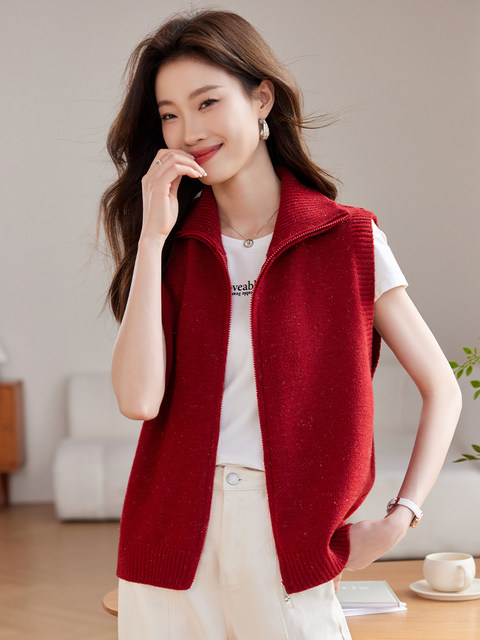 Stand-collar cashmere vest for women loose and slim knitted wool horse ...
