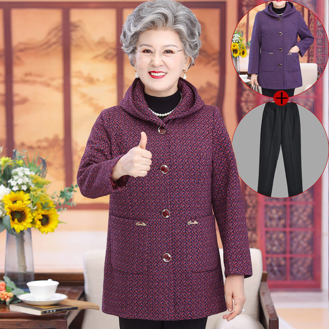 Autumn clothing for the elderly, women's hooded woolen coat, old lady ...