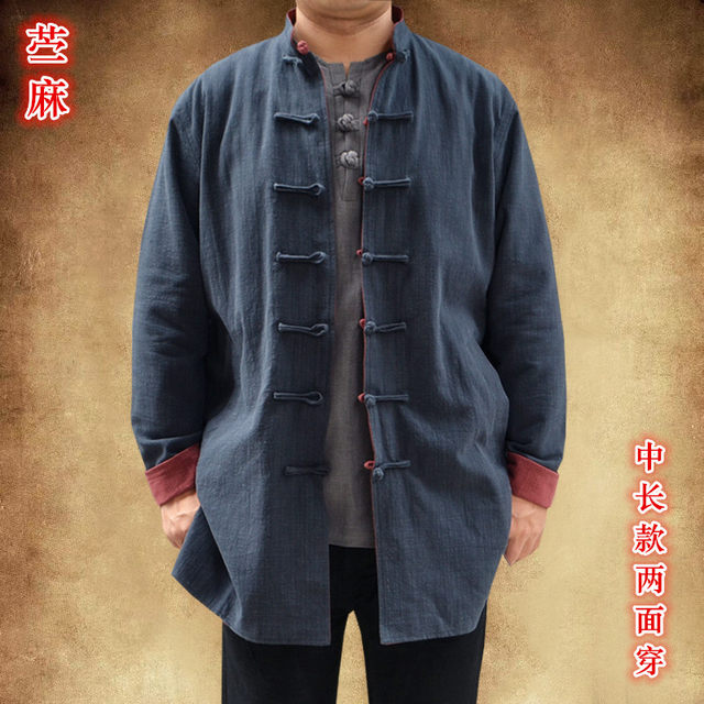 Mid-length cotton and linen Tang suit men's ramie long-sleeved jacket ...