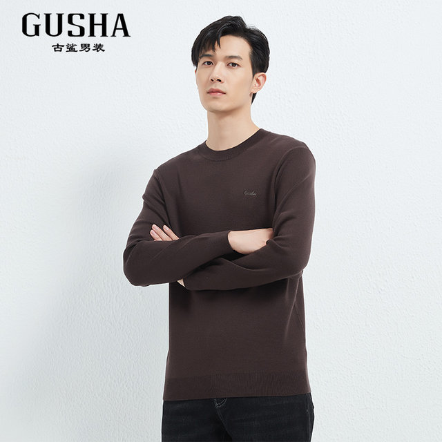 Gusha black simple sweater men's thickened warm worsted sweater winter ...