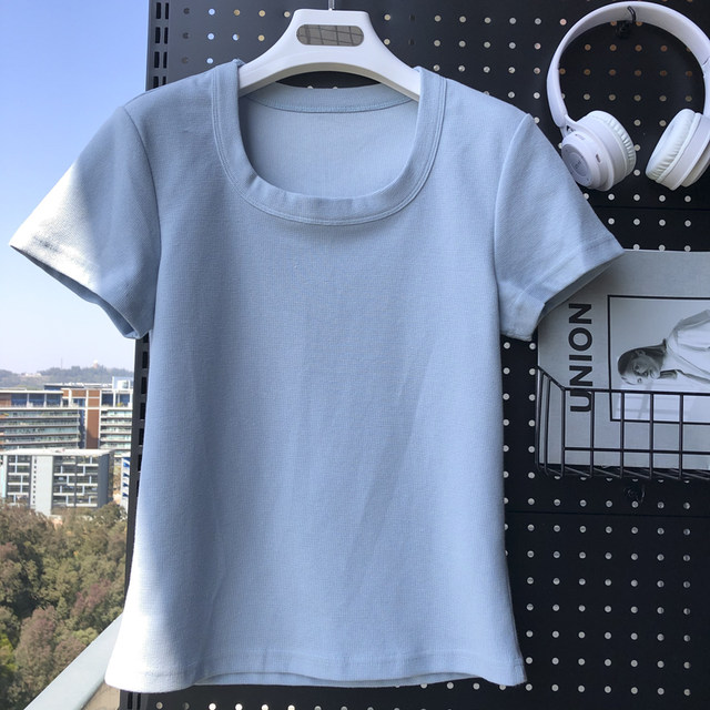U-neck small shirt, right shoulder short-sleeved t-shirt for women ...