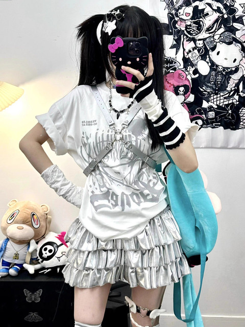 Y2K Future Sensory silver cake skirt Pumpkin pants Millennium hot girl ...