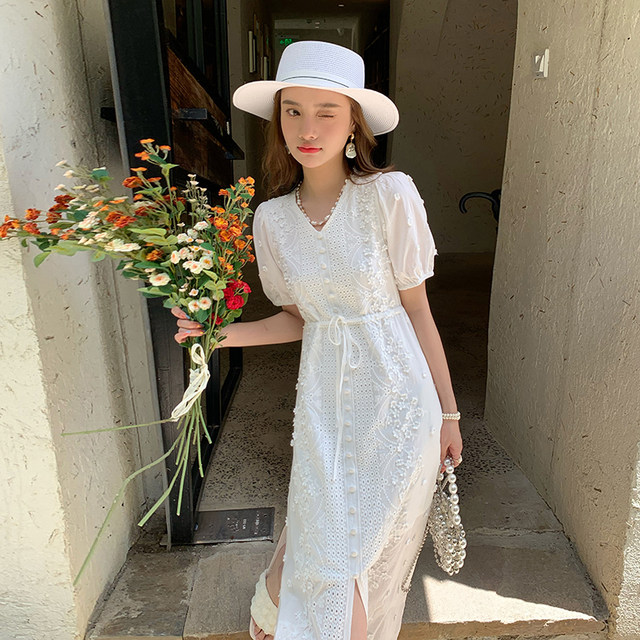 AMNANA French heavy drawstring waist slimming dress three-dimensional ...