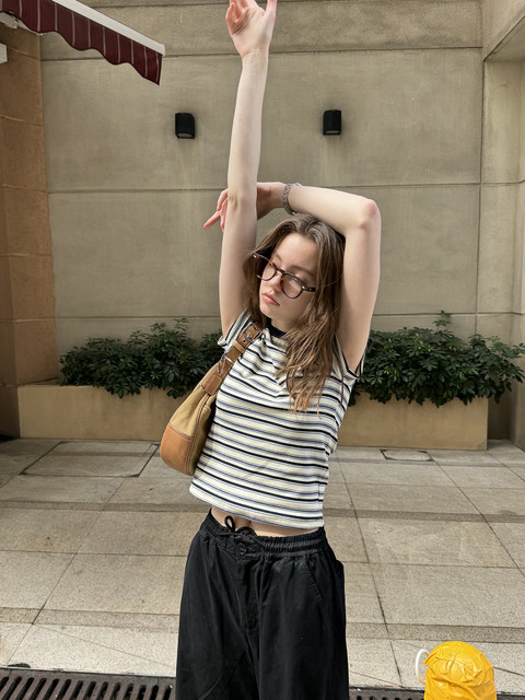 Unretro retro striped slimming, shoulder short -sleeved T -shirt female summer little millennial ...