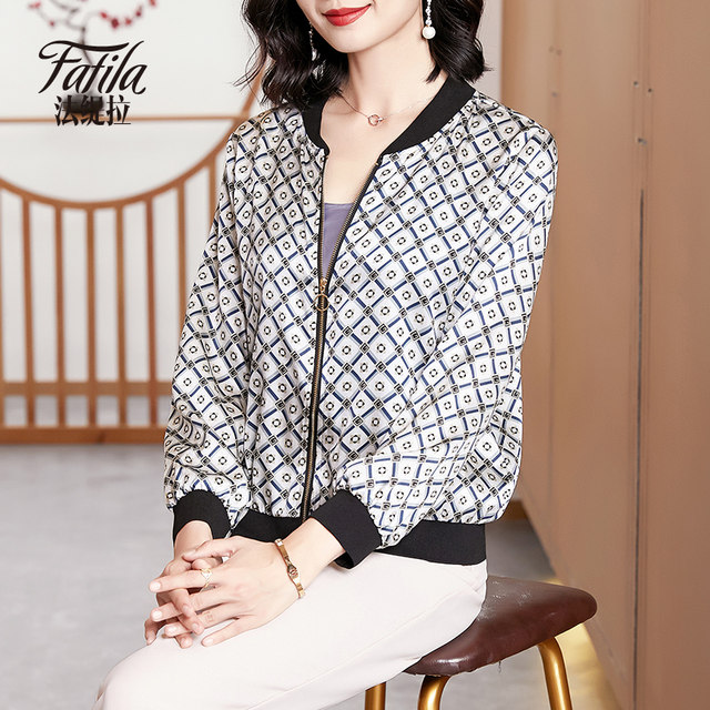 Printed silk jacket women's short spring and autumn new long-sleeved ...