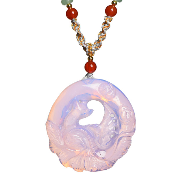 Natural pink opal pendant jewelry nine-tailed fox necklace white fox ...