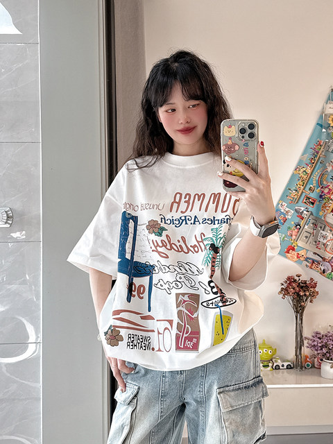 Deschpe summer fun print oversize T-shirt men and women summer retro hiphop casual cotton short ...