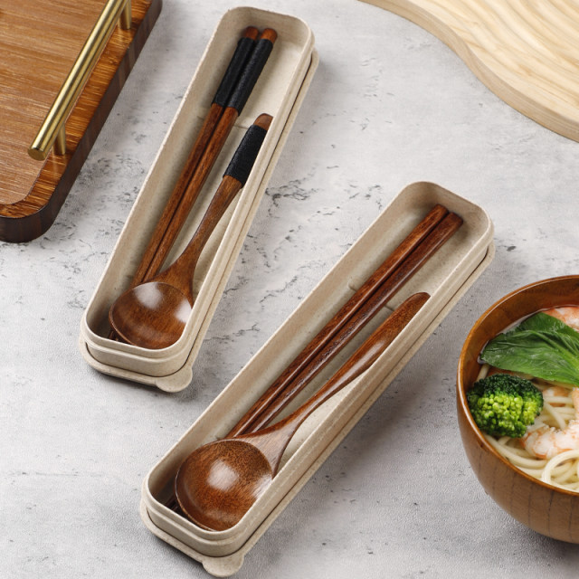 Chopsticks and spoon set wooden one-person portable tableware three ...