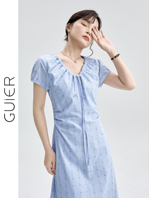 GUIER puff sleeve waist-hugging dress for women 2025 new summer V-neck ...