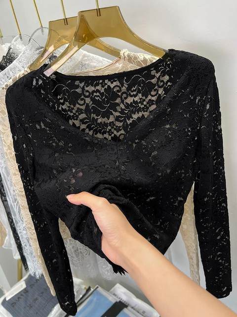 V -neck lace bottoming shirt female 2022 new inner long -sleeved low ...