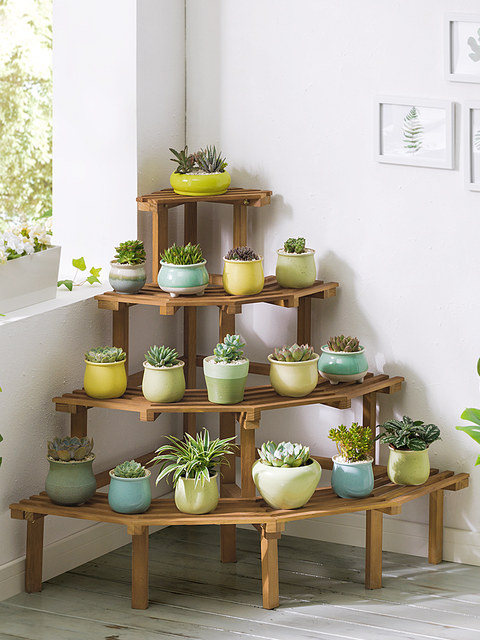 Solid wood flower shelf storage rack balcony living room floor-standing ...