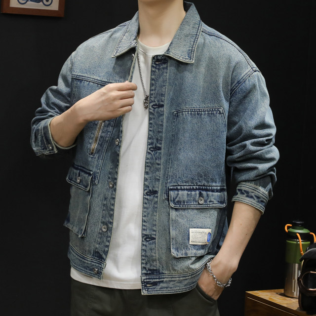 Multi-pocket zipper denim jacket men's spring and autumn men's fashion ...