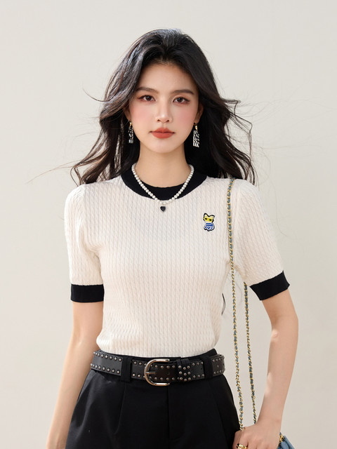 Aig/Etam Round Neck Short-Sleeved Knit T-Shirt for Women, Summer Slim ...