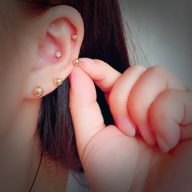 14k Gold Ear Bone Nails - Korean Style Double Ball Screw Back