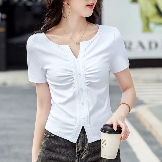 Cotton pleated short -sleeved T -shirt female summer new small short V ...