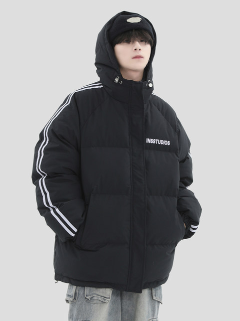 INSstudios national fashion brand couple American retro striped LOGO hooded cotton coat loose ...