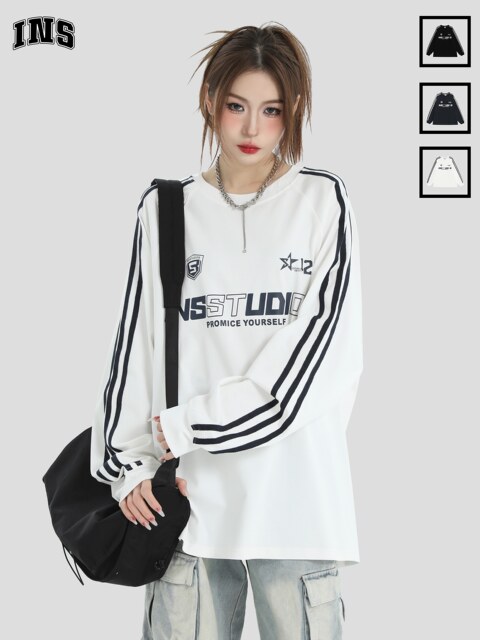 INSstudios National Trendy Couple American retro three-bar rag shoulder long sleeve loose heavy ...