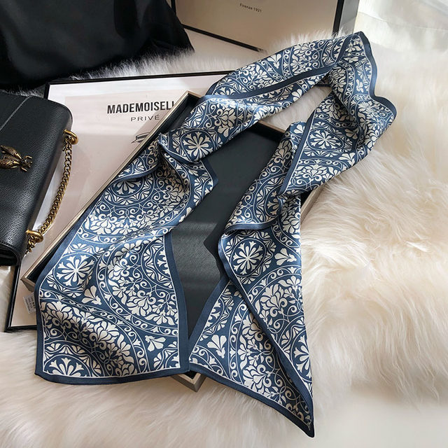 Blue real silk scarf high -level high -level long strip 100%mulberry ...