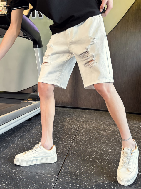 Ripped Denim shorts Men's Summer White Five-Point Shorts Handsome ...