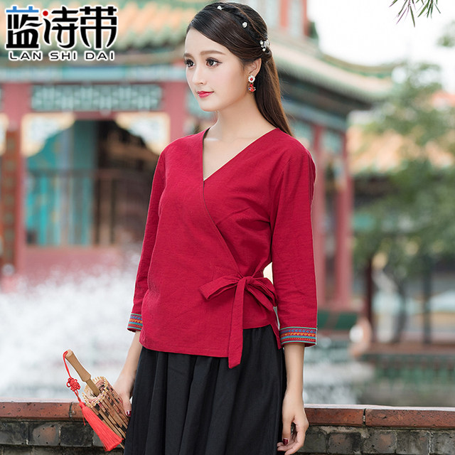 Red Chinese style improved daily Hanfu cross-collar top spring and ...