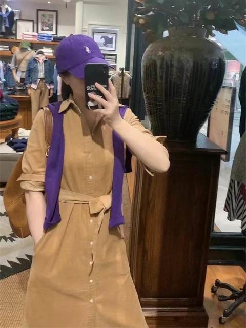 Retro old money style RL Maillard color fine pit corduroy shirt dress ...