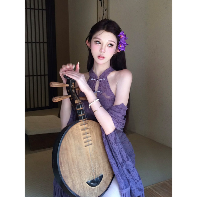 Xiang Swan Er purple hanging neck dress 2024 autumn new Chinese new ...