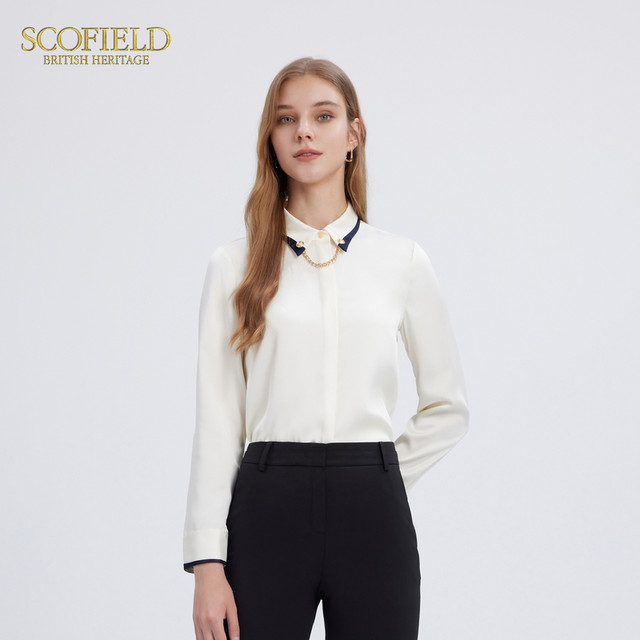 ScoField women's contrasting color lapel design white shirt fashion ...