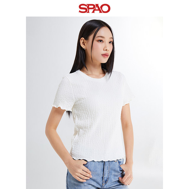SPAO Korea's same style 2024 summer new women's Korean version round neck fungus short-sleeved T ...