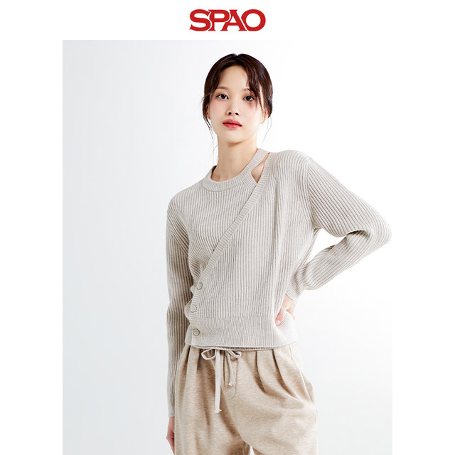 SPAO Korea's same style 2024 autumn new women's fashionable off-shoulder top knitted sweater ...
