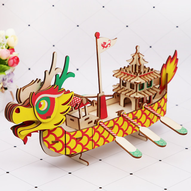 Dragon boat model handmade DIY making wood 3D three -dimensional puzzle ...