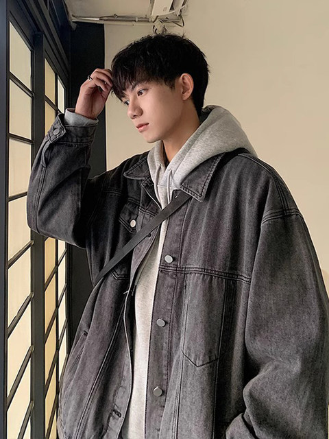 American high street denim jacket men's autumn retro lapel work jacket ...