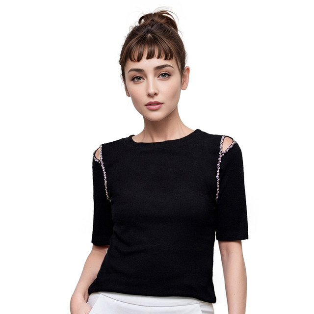 Short-sleeved women's T-shirt 2024 summer new women's tops beaded off ...