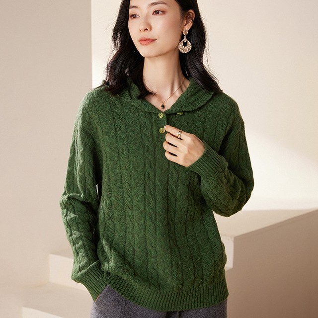 100% pure cashmere hooded twist long-sleeved pullover buttoned knitted ...