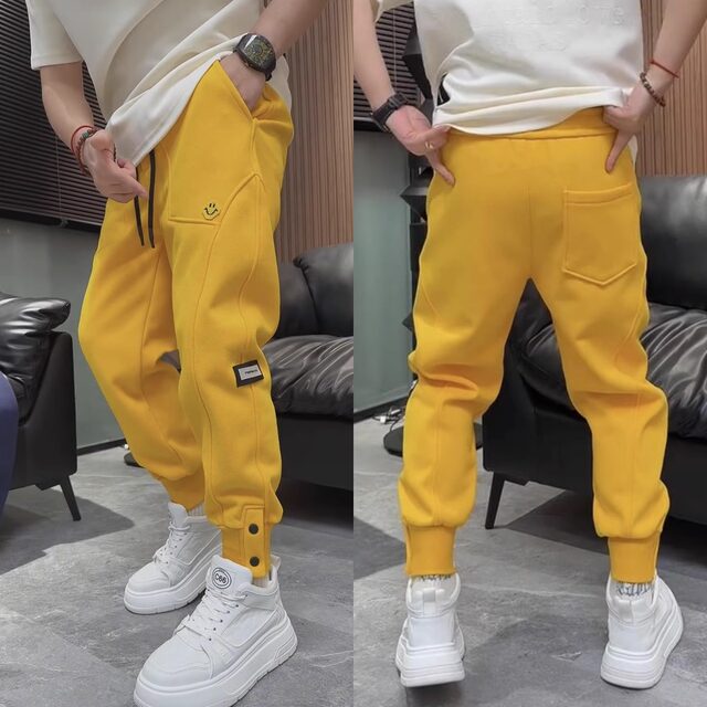 Winter new solid color, heavy -duty plus velvet smiling face pants, men ...