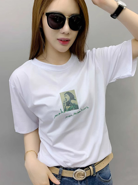 Pure cotton short-sleeved T-shirt for women 2025 summer new fashionable printed loose round neck ...