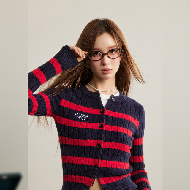 UNIFREE striped sweater women's color block retro round neck slim short ...