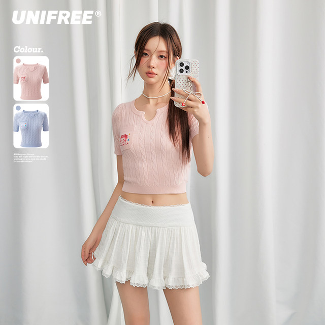 UNIFREE short-sleeved sweater American retro slim fit crop top