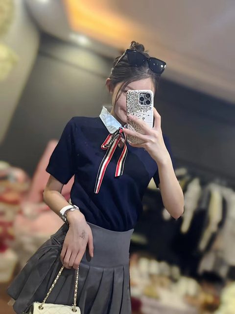 New summer TUMA TB fake two-piece webbing knitted top lapel short-sleeved women's POLO shirt ...