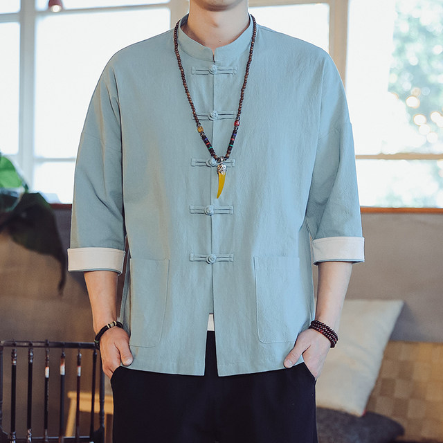 Summer Linen Button-Down Tang Suit Short-Sleeve Shirt Chinese Retro ...